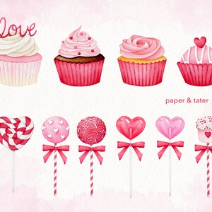 Watercolor Valentine Sweets Clipart, Love Cookies, Cupcake, Lollipop ...