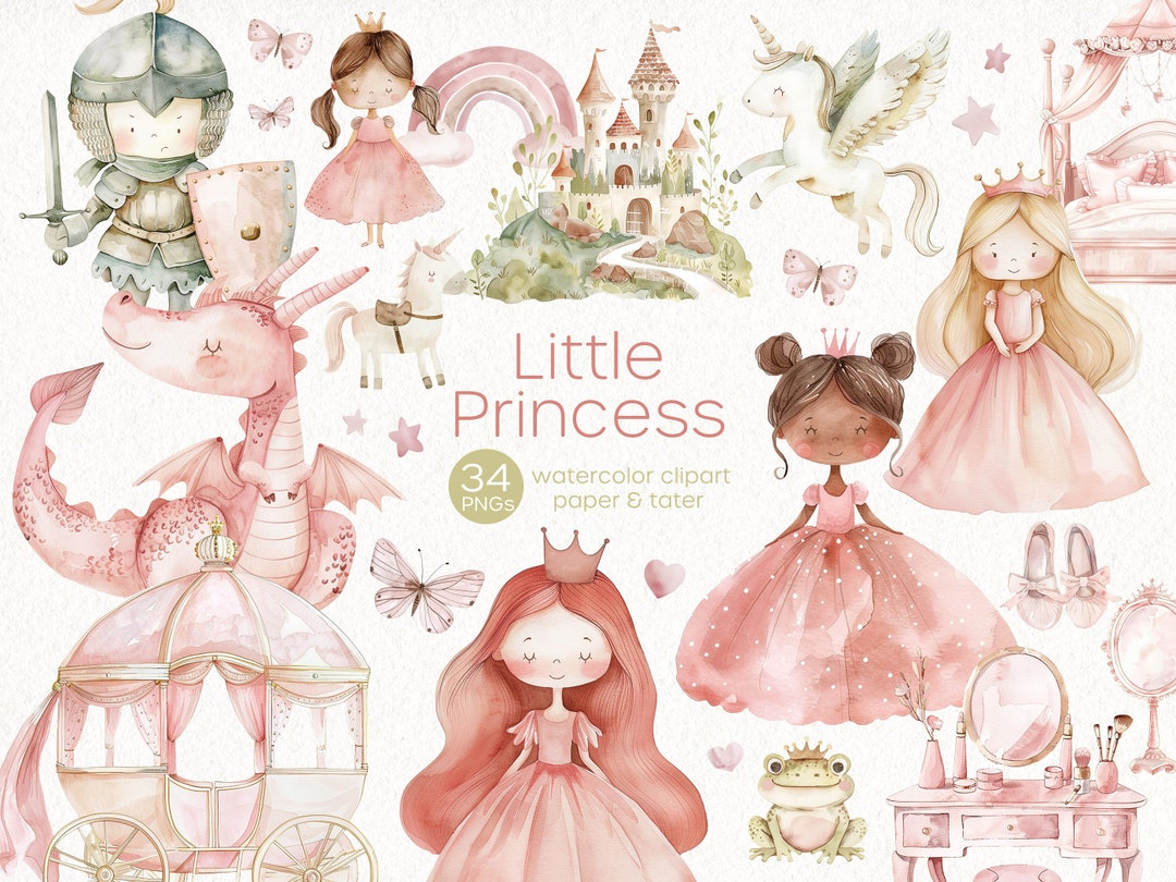 Pink Little Princess Watercolor Clipart, Fairytale Princess PNG - Etsy