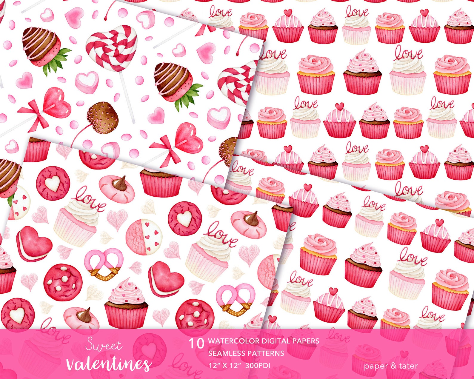 Watercolor Sweet Valentines Digital Papers Fabric Seamless | Etsy