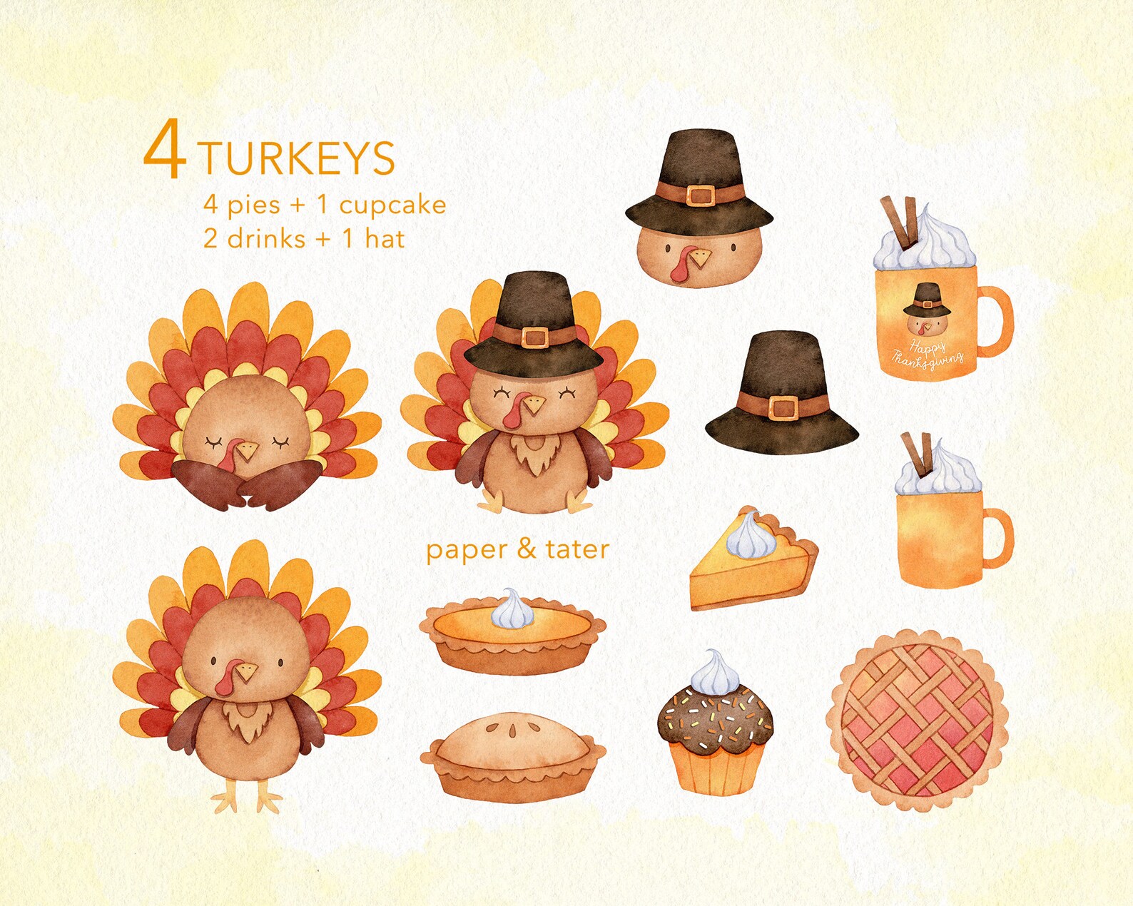 Watercolor Thanksgiving Clipart, Holiday Turkey PNG, Cornucopia ...