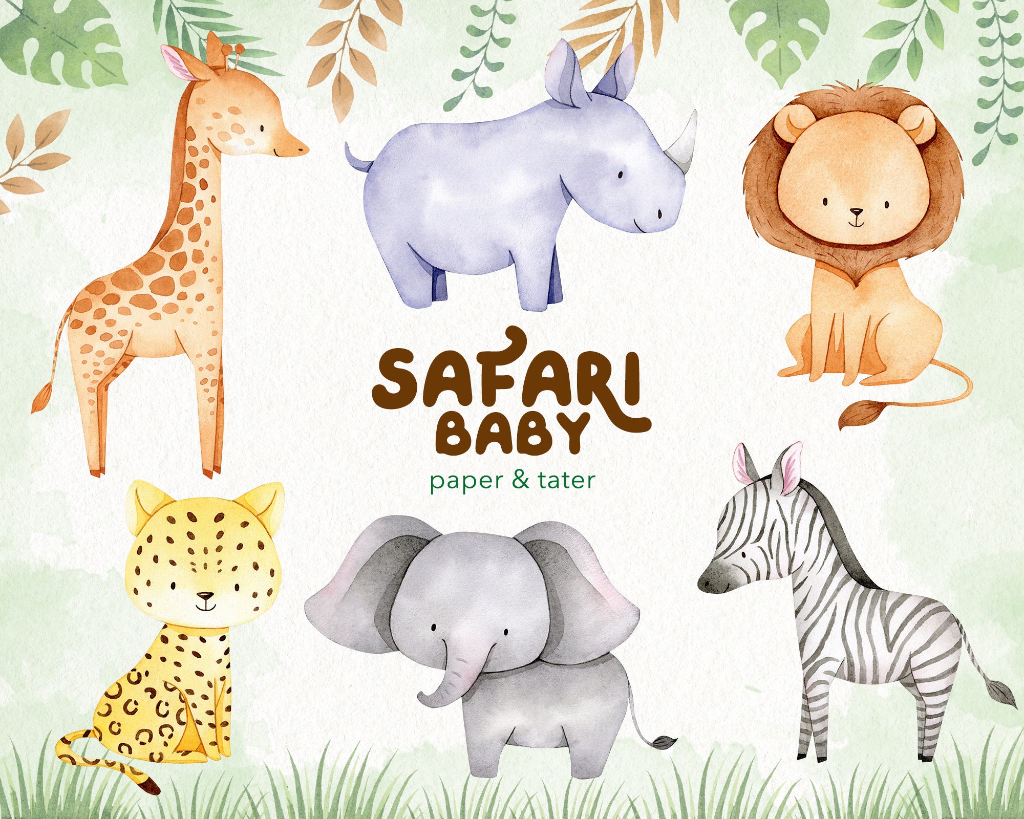 Watercolor Safari Baby Animals Clipart Graphics African | Etsy