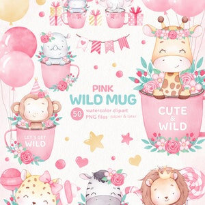 Pink Wild Animals in Mug Watercolor Clipart, Baby Girl Birthday, Party ...
