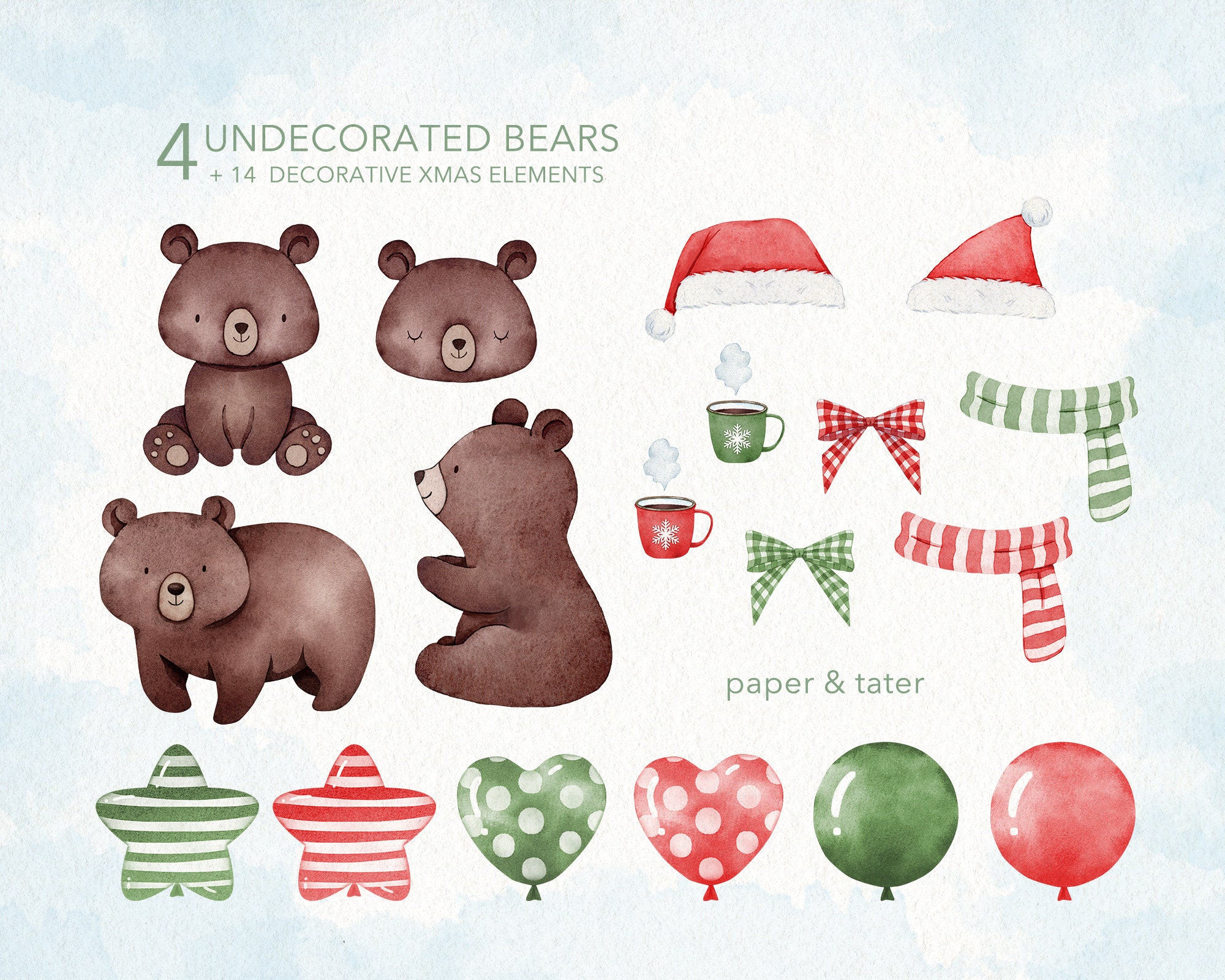 Watercolor Christmas Bear Clipart Cute Xmas Woodland Animals | Etsy