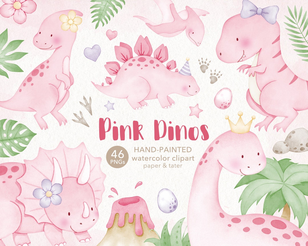 Baby Pink Dinosaurs Watercolor Clipart, Cute Baby Girl Dinos PNG - Etsy