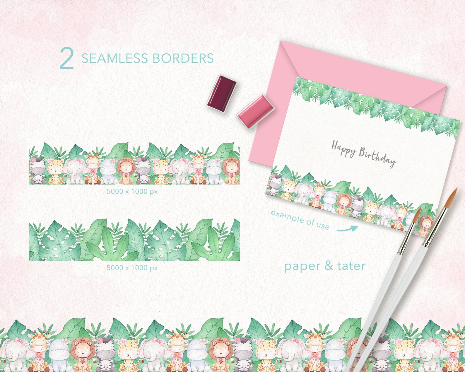 Pink Safari Drive Composition Watercolor Baby Animals Clipart, Ready to ...