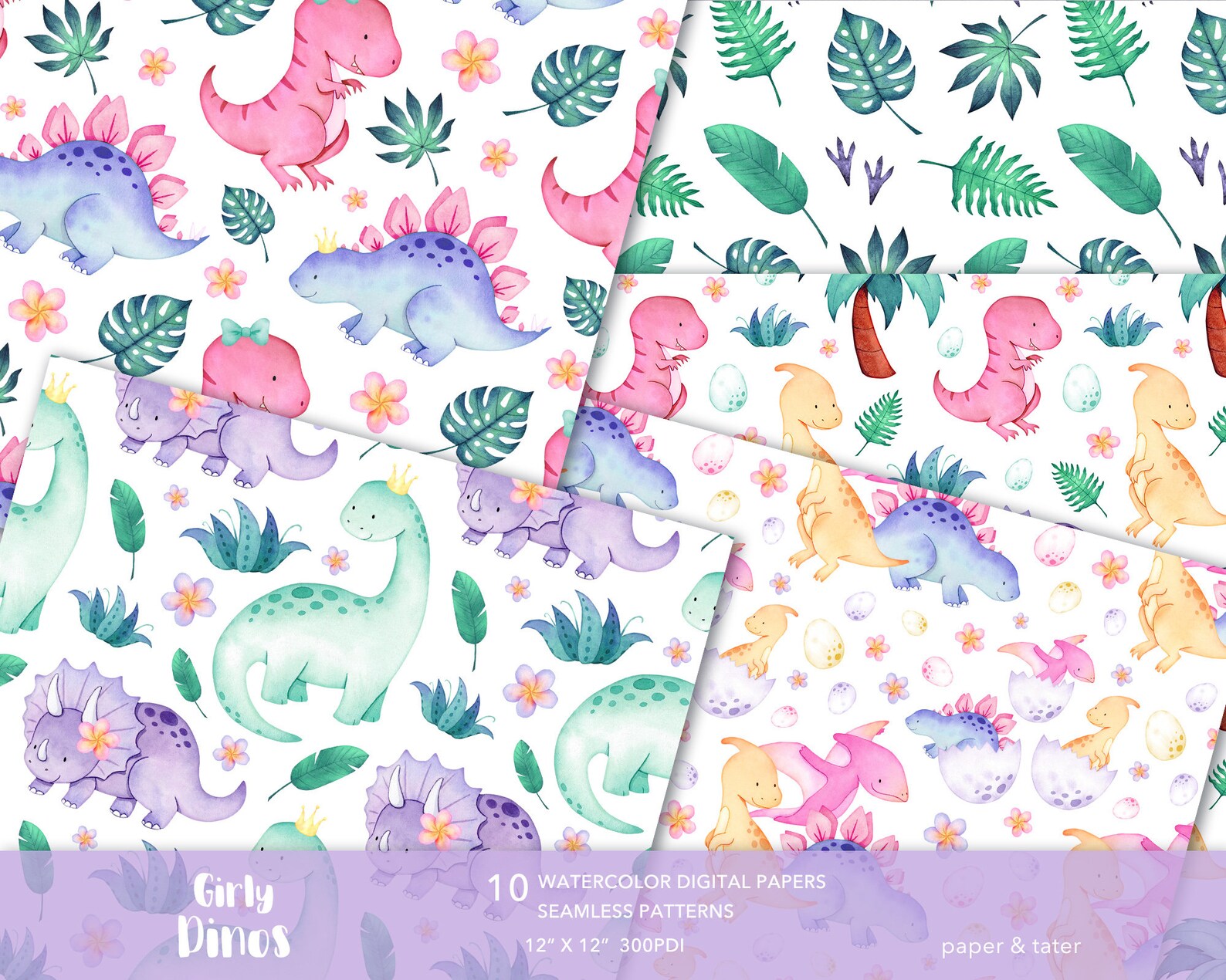 Watercolor Girly Dinosaurs Digital Papers Fabric Seamless - Etsy