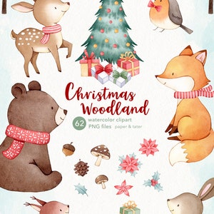 Woodland Christmas Watercolor Clipart, Cute Xmas Animals PNG - Etsy