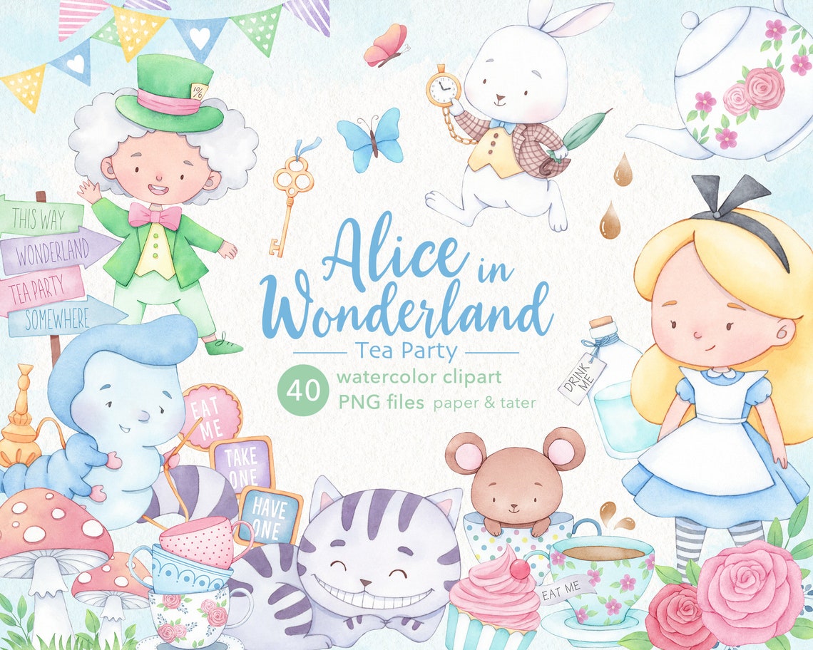 Alice in Wonderland Watercolor Clipart Tea Party Alice PNG - Etsy