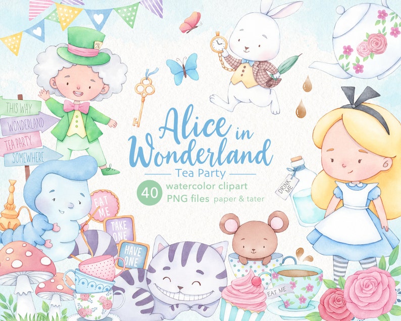 Alice in Wonderland Watercolor Clipart Tea Party Alice PNG - Etsy