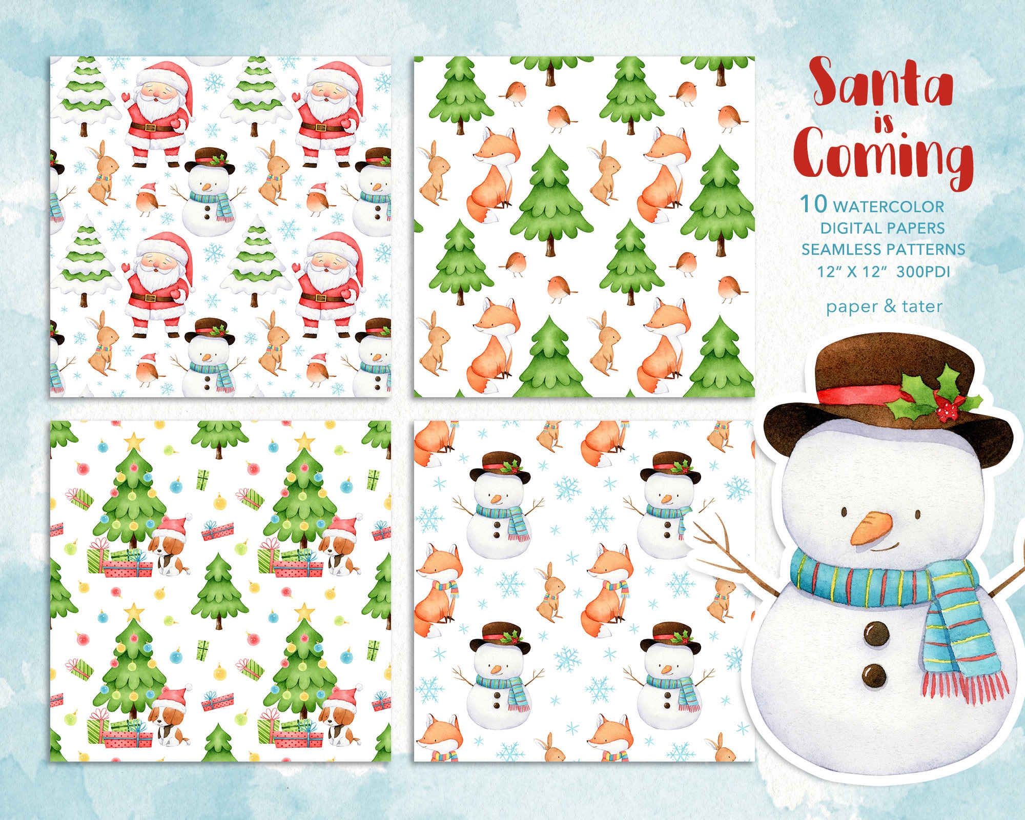 Watercolor Christmas Digital Papers Fabric Seamless Pattern - Etsy