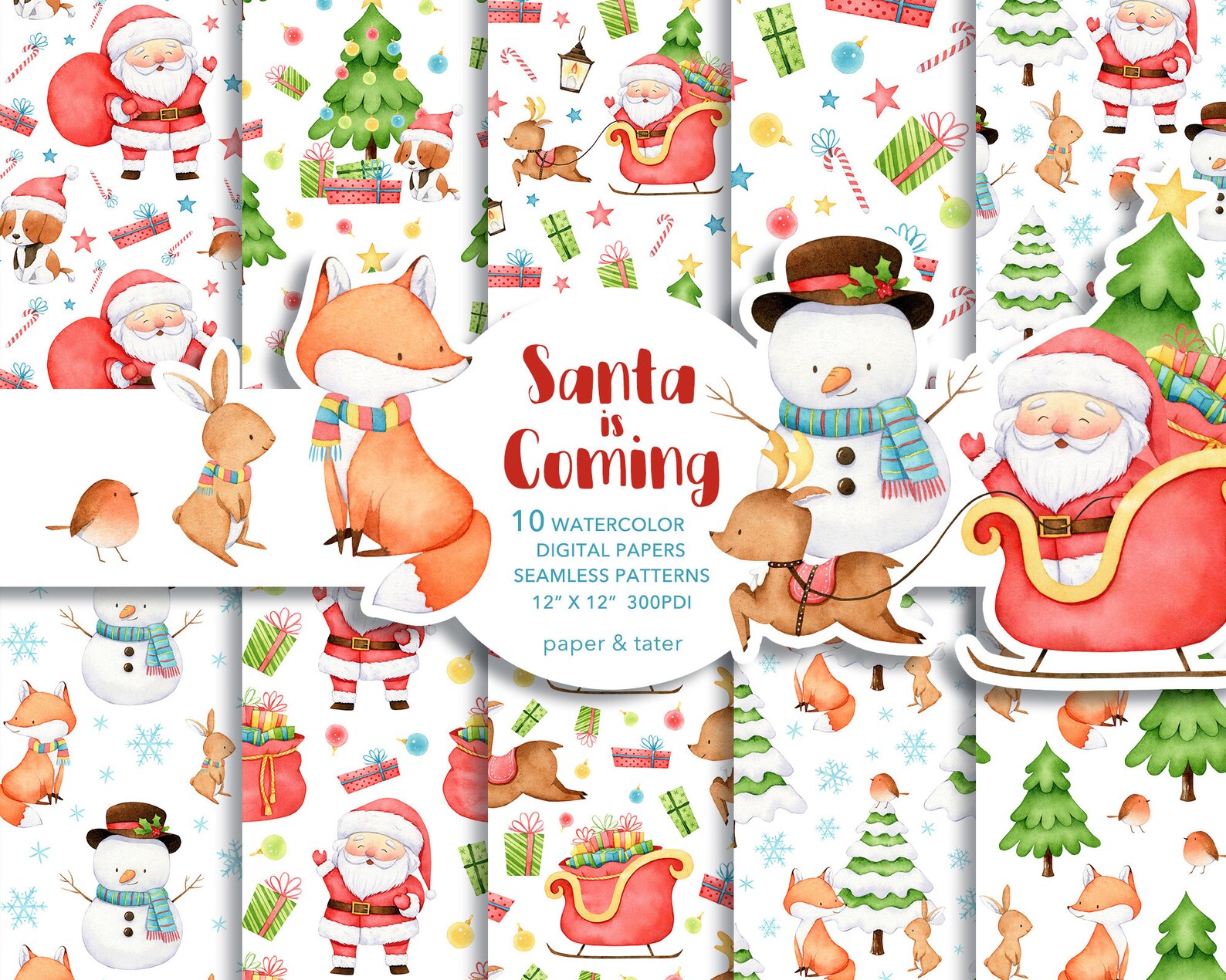 Watercolor Christmas Digital Papers Fabric Seamless Pattern - Etsy