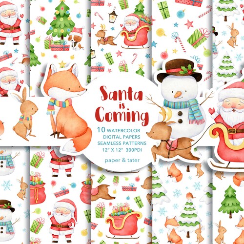 Watercolor Christmas Digital Papers Fabric Seamless Pattern - Etsy