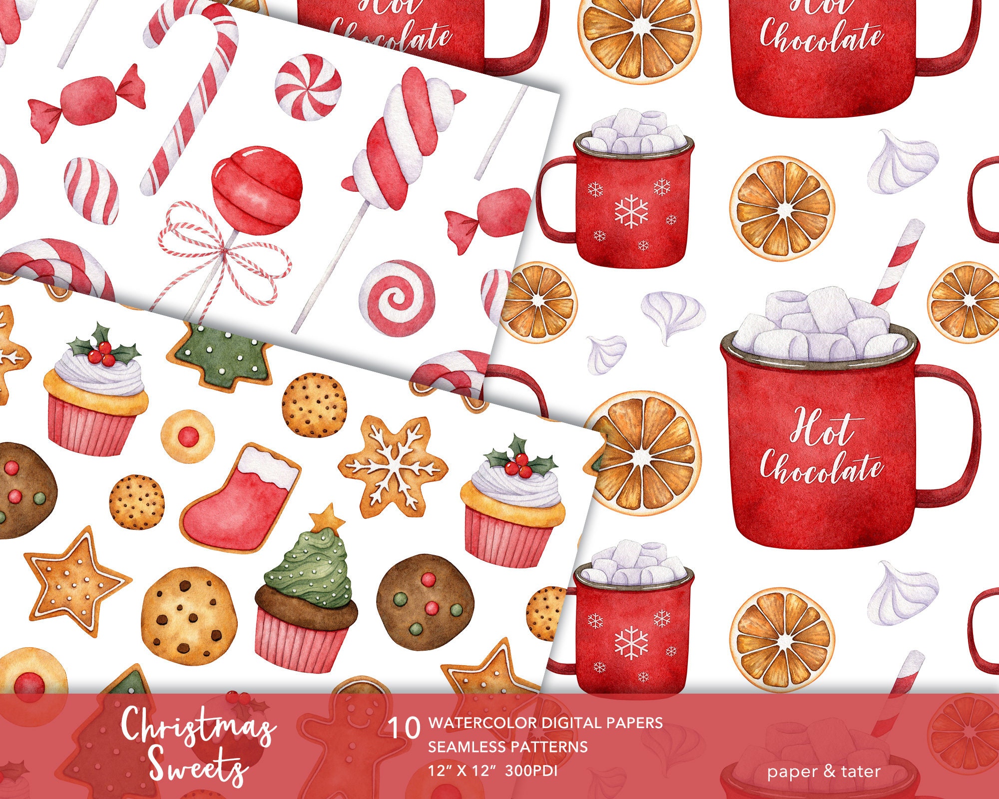 Watercolor Christmas Sweets Digital Papers Fabric Seamless - Etsy Canada