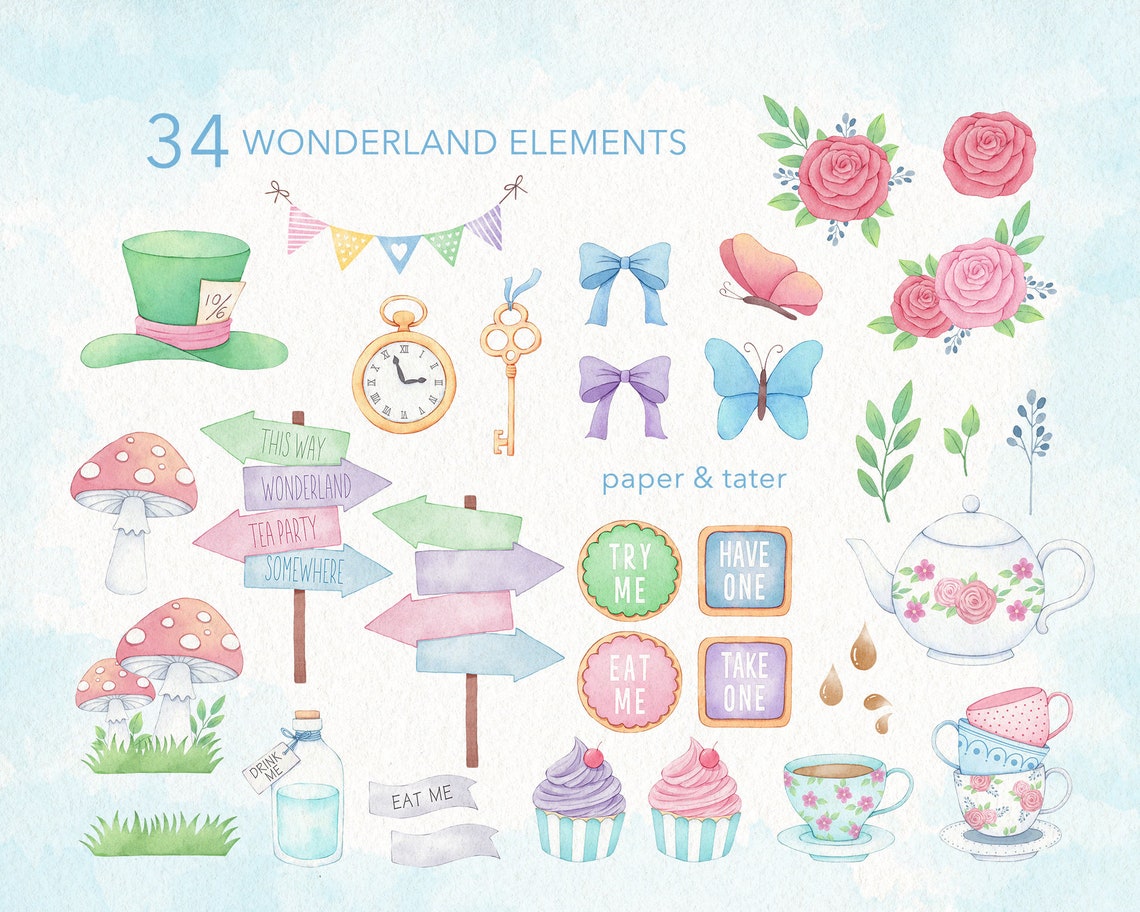 Alice in Wonderland Watercolor Clipart Tea Party Alice PNG - Etsy
