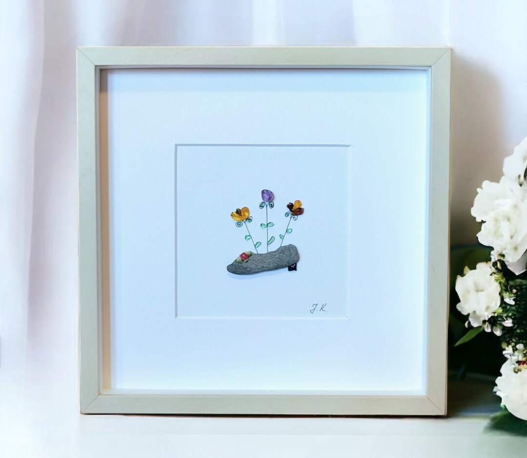 Framed Pebble Art Princess Shoe With Sea Glass Flowers Picture - Unique ...