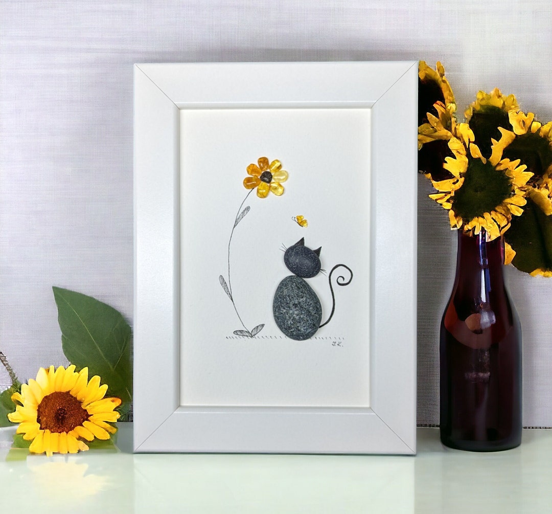 Sea Glass Pebble Cat Frame Art Gift| Unique Pebble Pet Cat Picture Gift ...