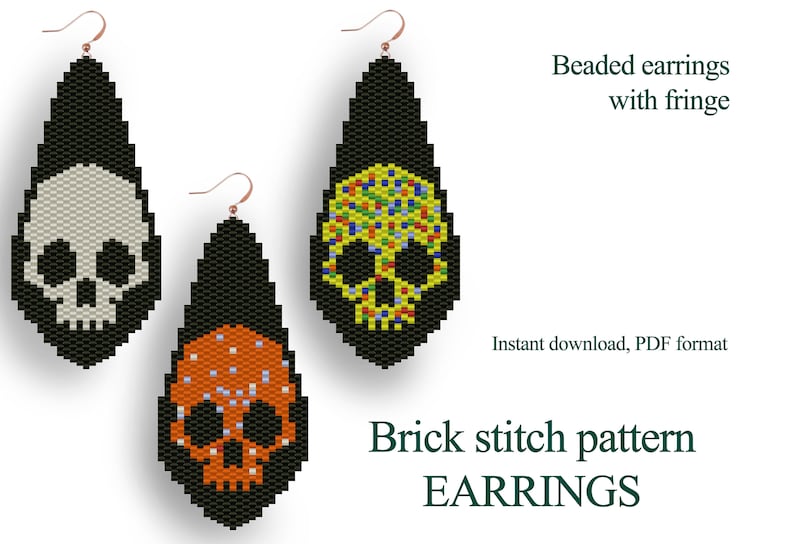 Skull Earrings Pattern - Brick Stitch Seed Bead Weaving (PDF Download ...