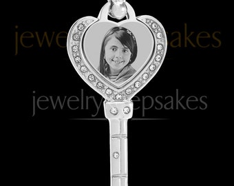 Photo Engraved Full Color Gem Key Heart Necklace | Etsy