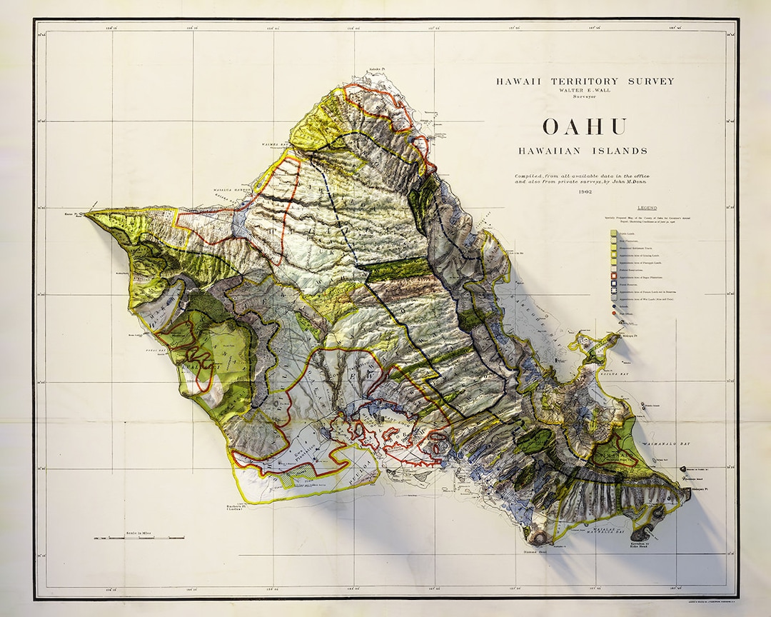 Hawaii - Island of Oahu - Topography - Etsy