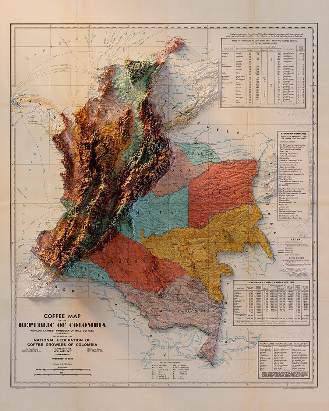 Colombia - Coffee Map - Etsy