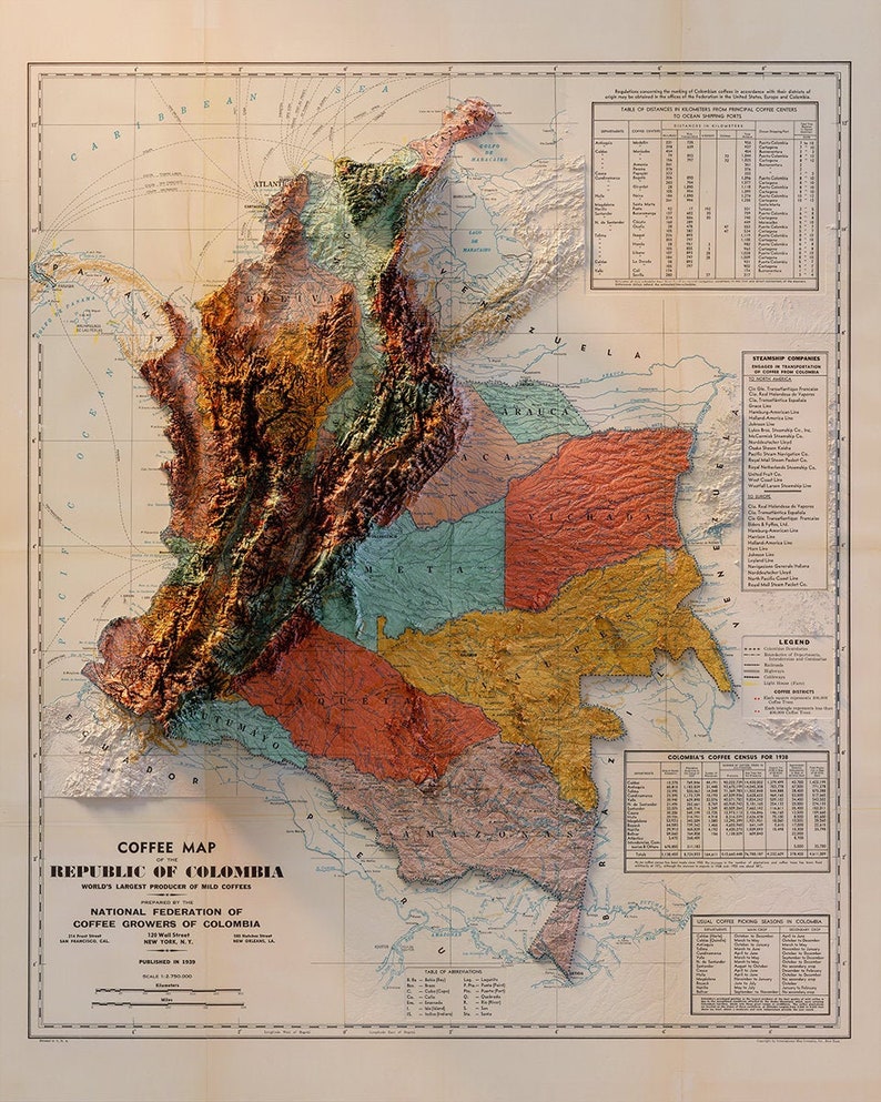 Colombia Coffee Map - Etsy
