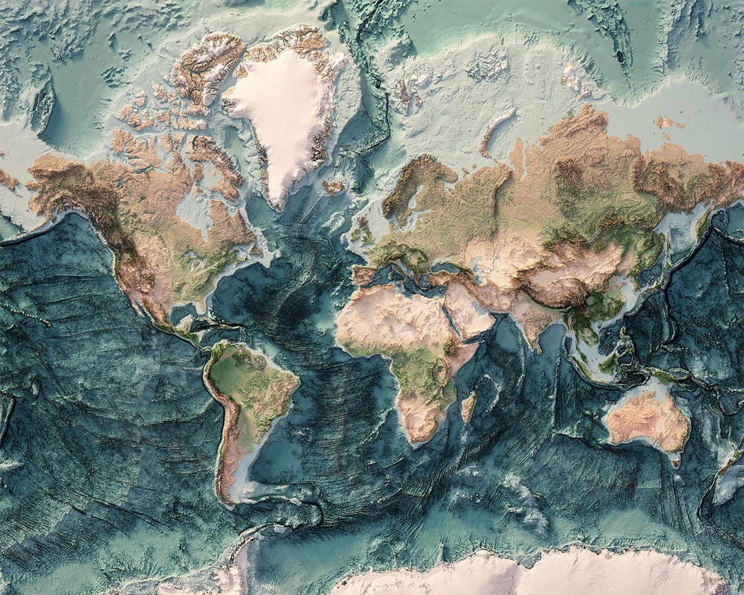 World - Topography & Bathymetry (satellite) - Etsy