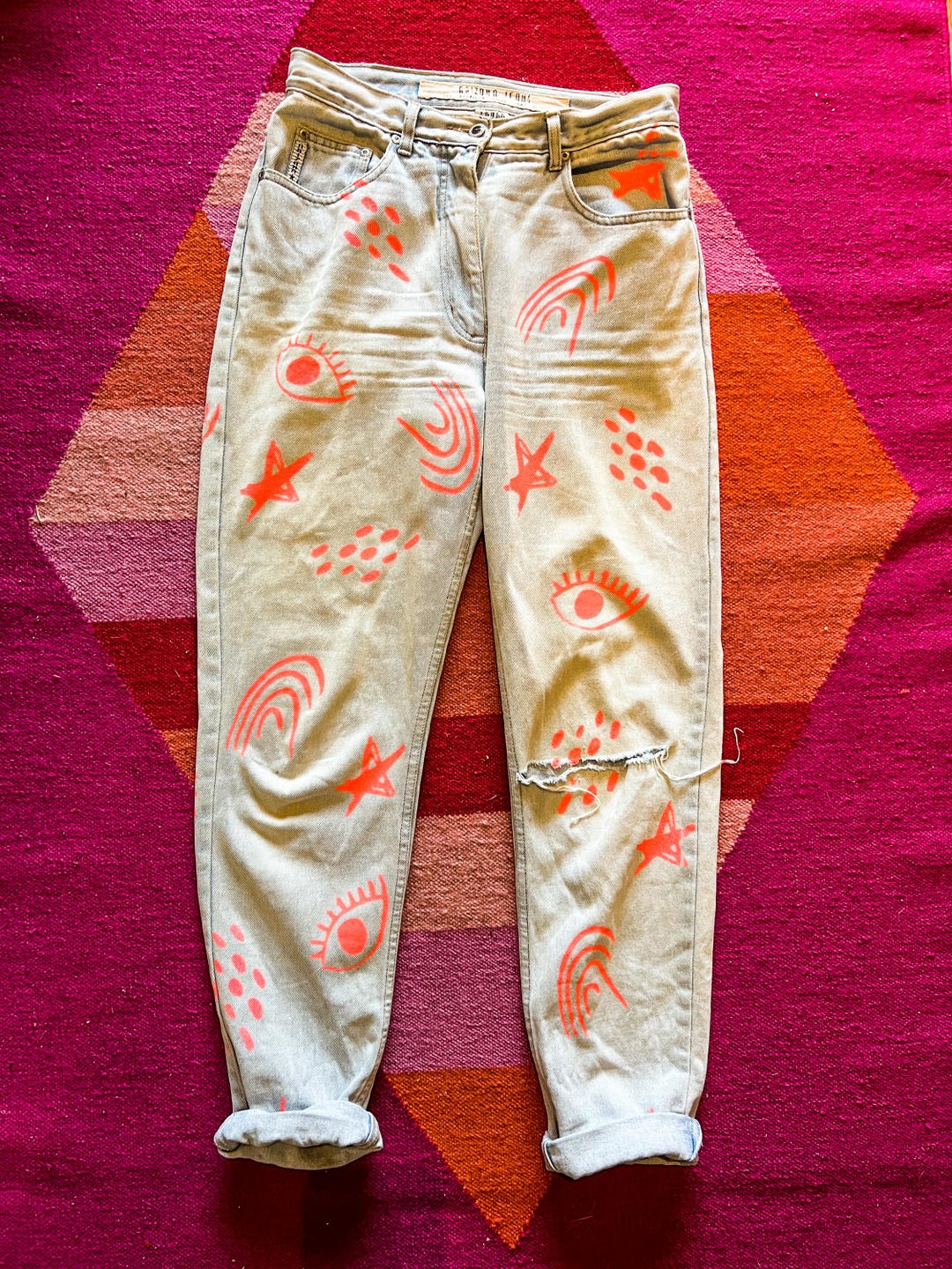 Unique Silk Screened Vintage Jeans UK Size 12 - Etsy