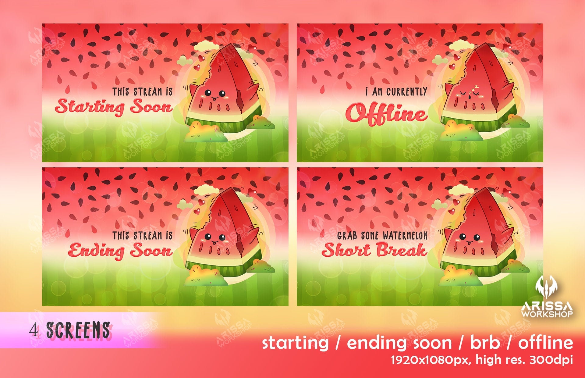 Summer Watermelon Twitch Stream Overlays / Cute / Pink Pastels / Panels ...