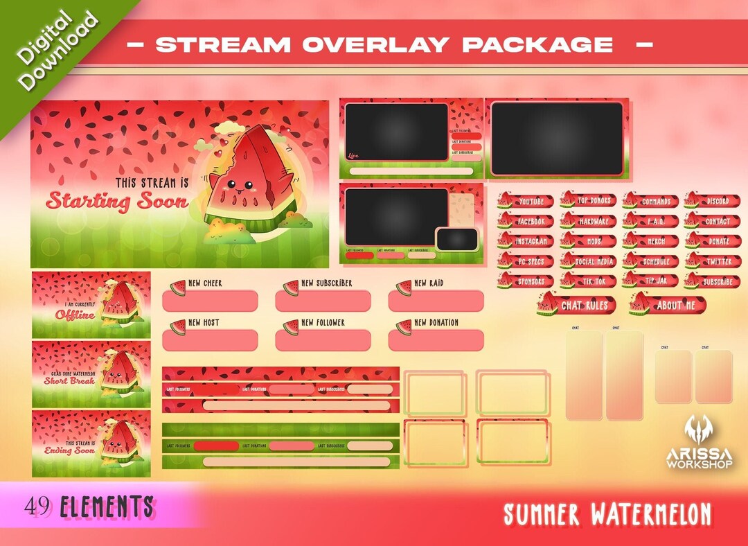 Summer Watermelon Twitch Stream Overlays / Cute / Pink Pastels / Panels ...