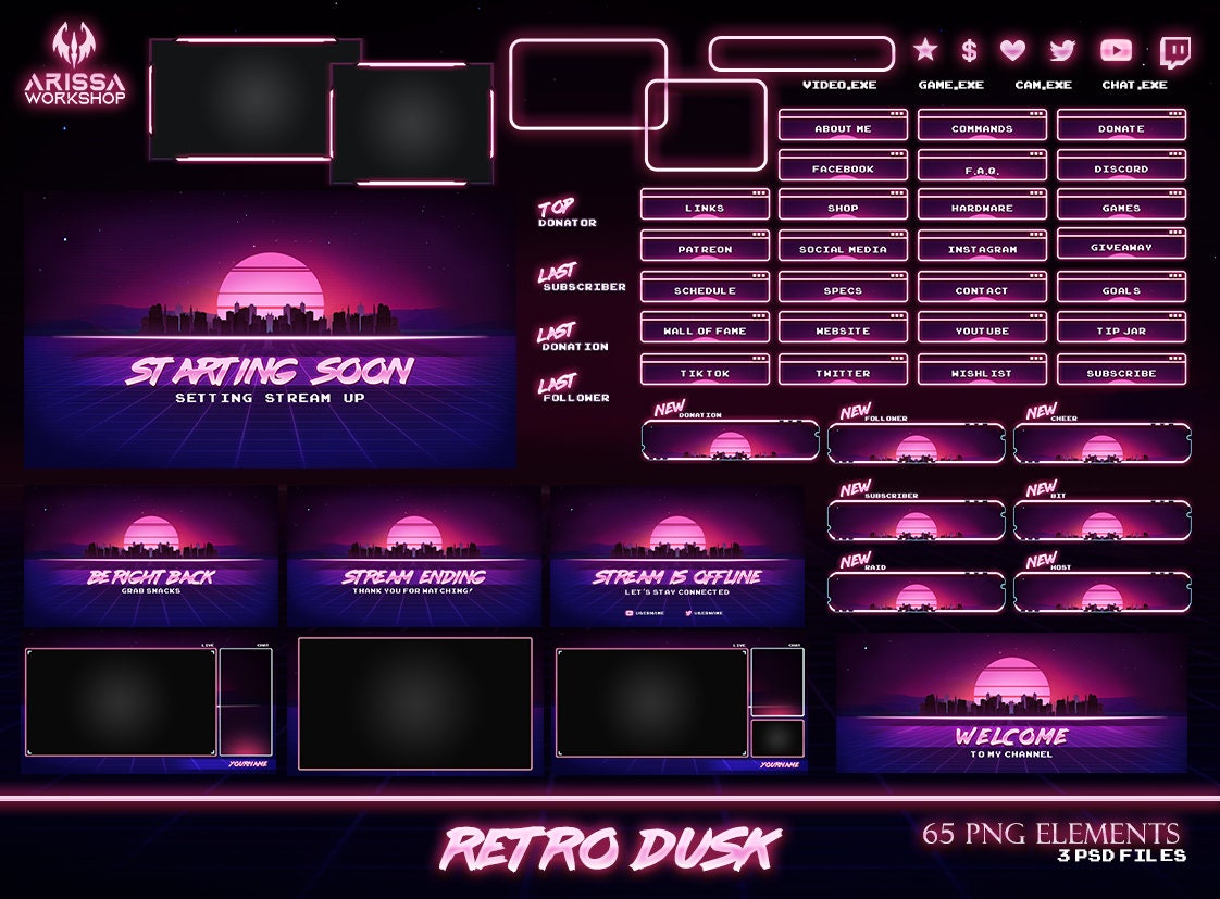 Retro Dusk Synthwave 80s Inspired Twitch Stream Overlay Package Neon ...