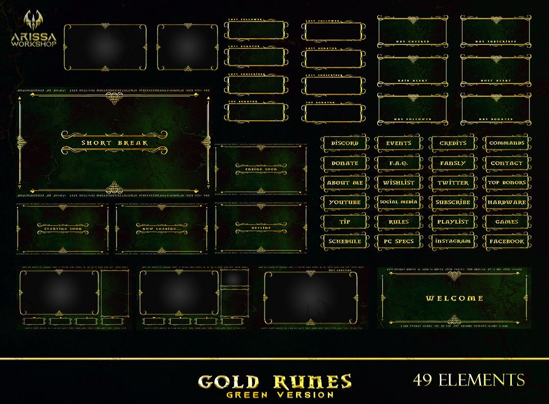 Emerald Gold Runes Twitch Stream Mega Package Overlays / Panels ...