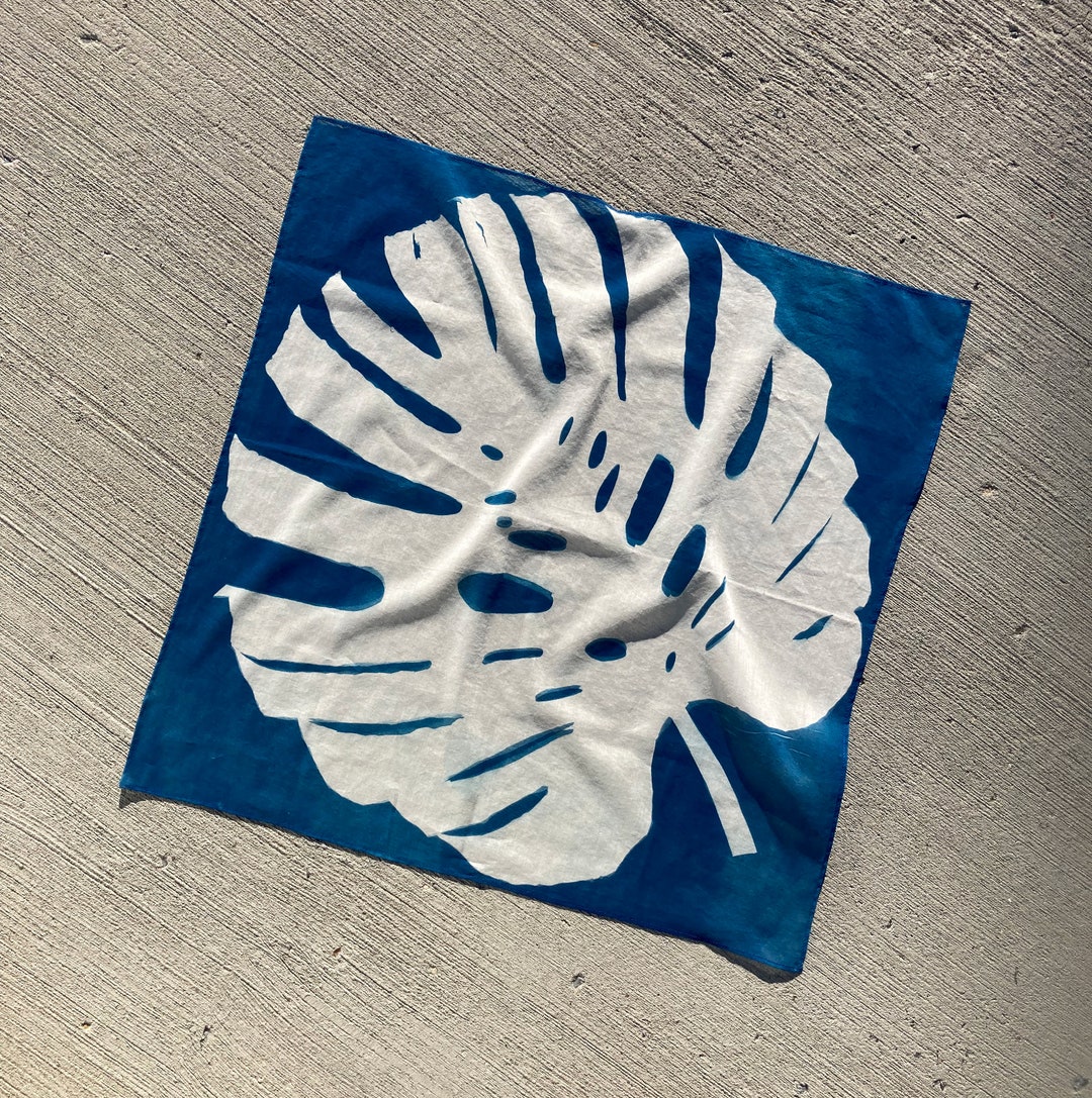 Deep Blue Handmade Silk Scarf With Monstera Deliciosa Leaf - Etsy UK