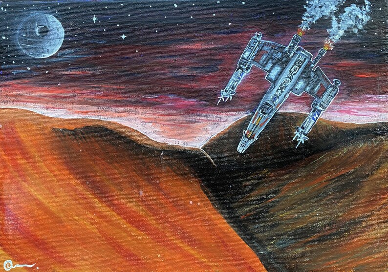 Acrylic X-wing & Death Star Original Painting on 21x30cm Canvas. Star ...