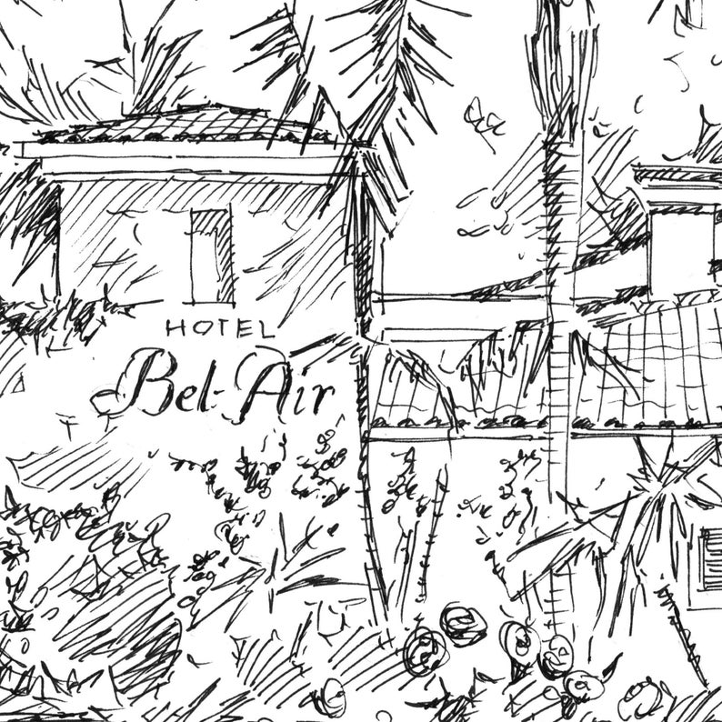Hotel Bel-air, California, Print of Pen and Ink Drawing, LA Gifts, Los ...