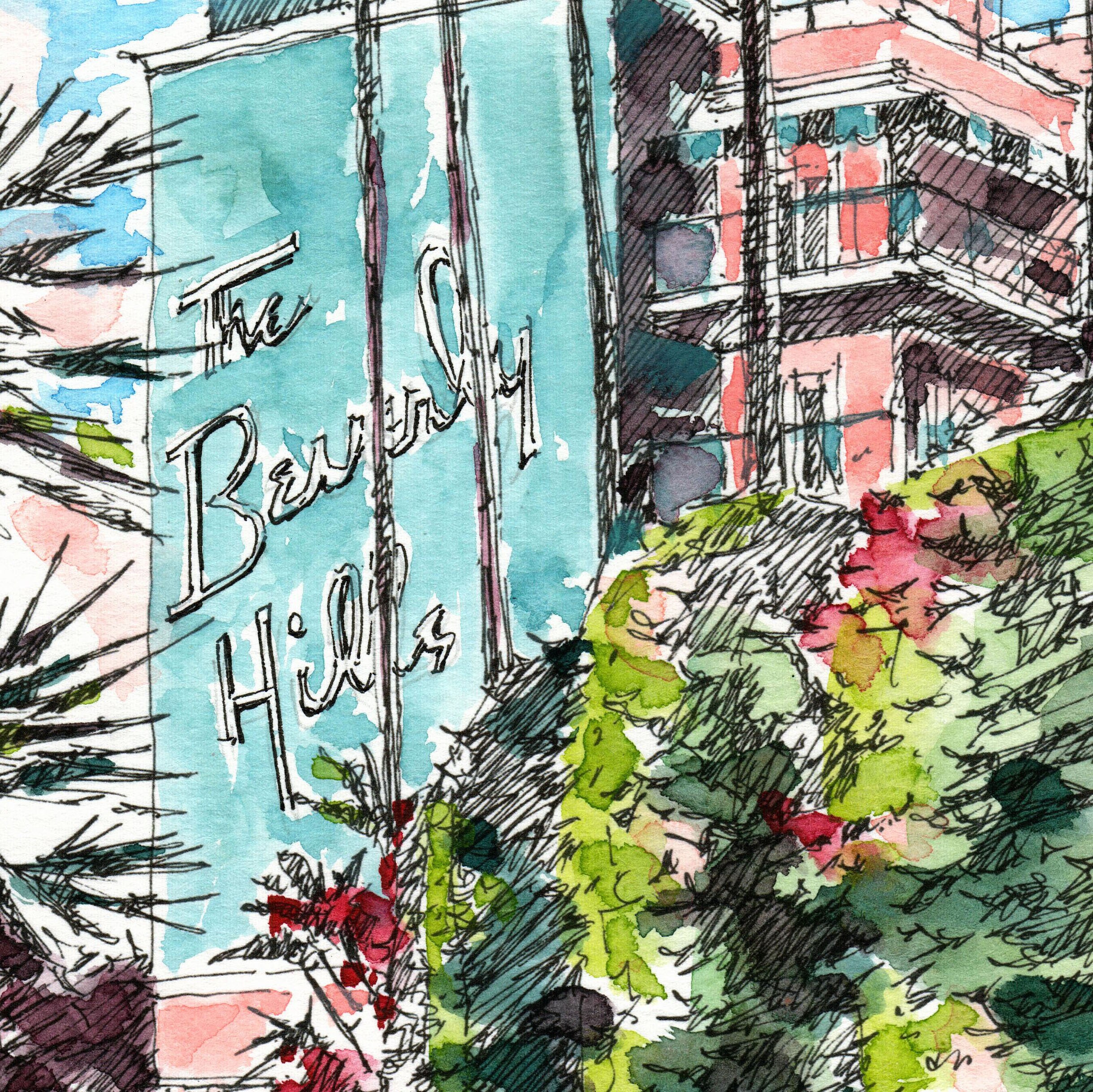 The Beverly Hills Hotel Watercolor Print, Beverly Hills, Travel ...