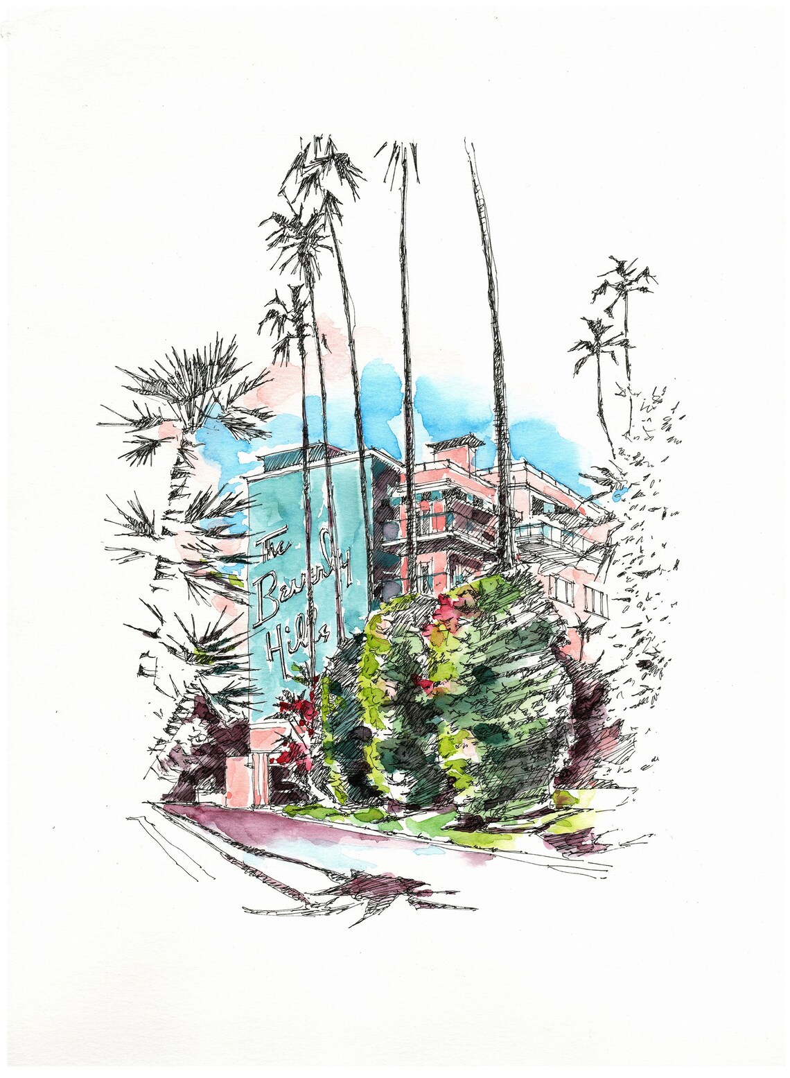 The Beverly Hills Hotel Watercolor Print, Beverly Hills, Travel ...