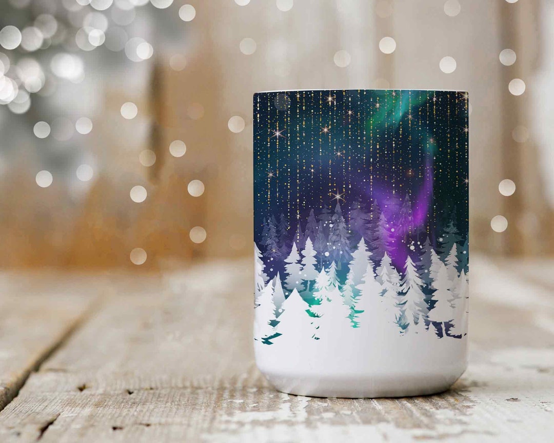 White Woods Black and White Mug With the Northern Lights, Winter Tea ...