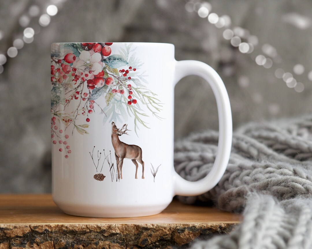 Red Berries Christmas Mug, Reindeer Winter Mug Including Little Cottage ...