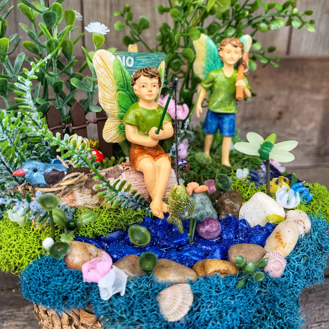 Boy Fairies Fishing Miniature Fairy Garden: Whimsical Outdoor Decor - Etsy
