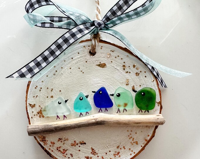 Five Little Birds - Seaglass Wood Slice Christmas Ornament - Etsy