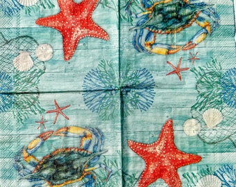 Blue Crab Decoupage Napkins, 2 Guest Size Nautical Beach Paper Napkins ...