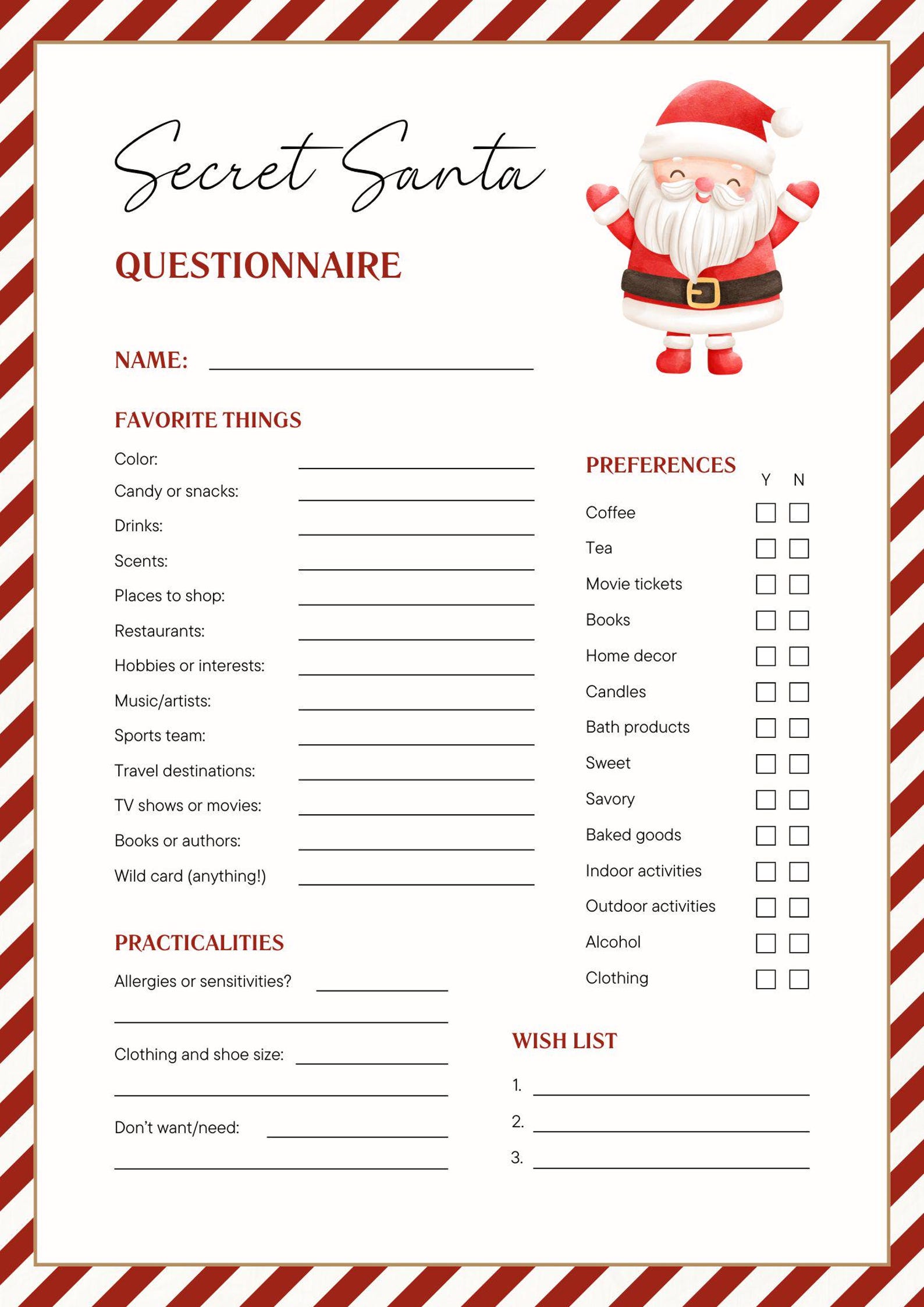 Secret Santa Questionaire, Christmas Gift Exchange, Present Swap Game ...