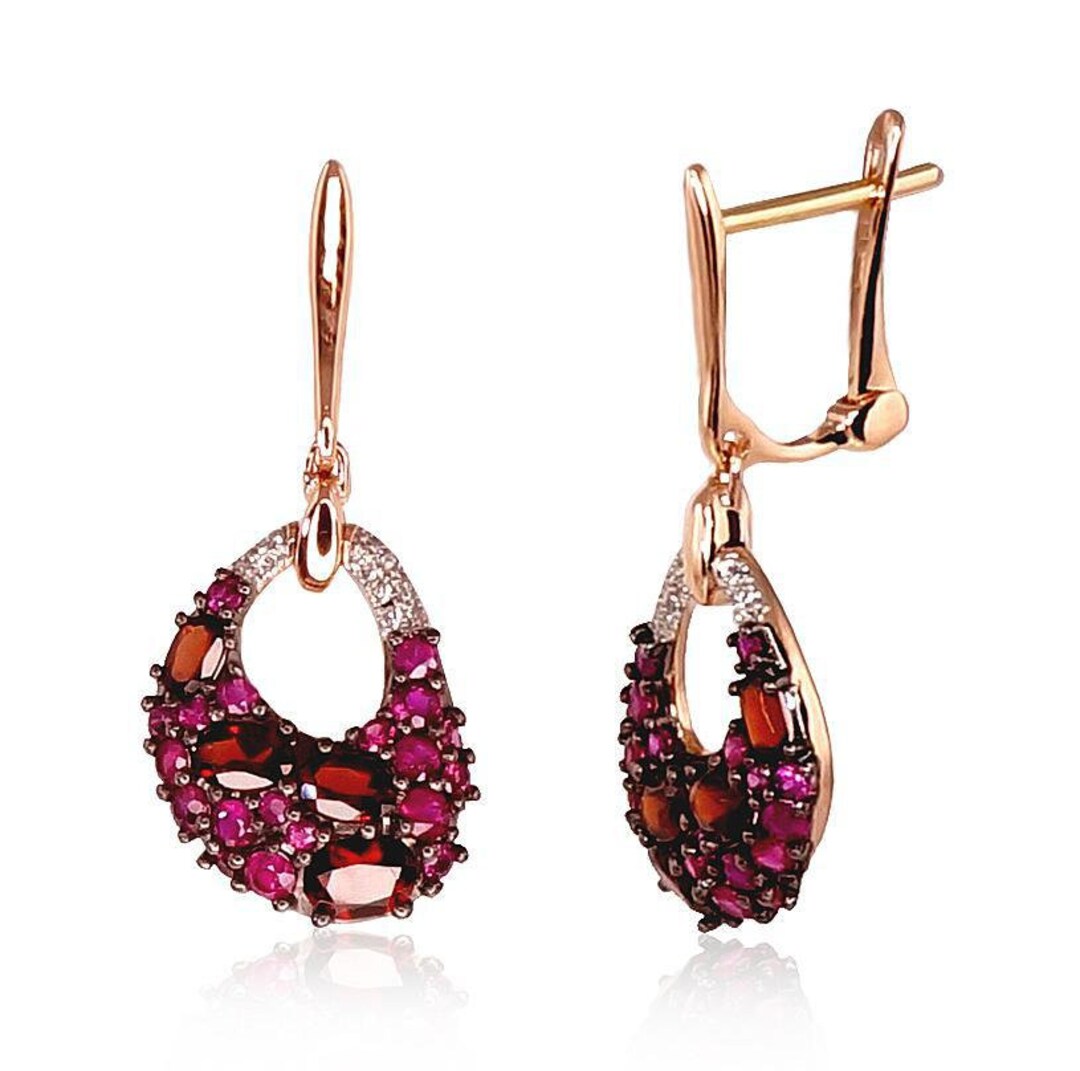 Elegant 14K Red Gold Earrings With Rubies, Garnet, and Diamond - Etsy