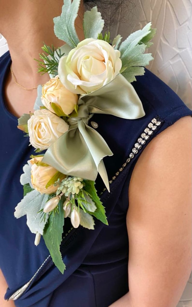 Handmade Corsage - Antique Cream Roses With Satin Ribbon, Pearl Accents ...