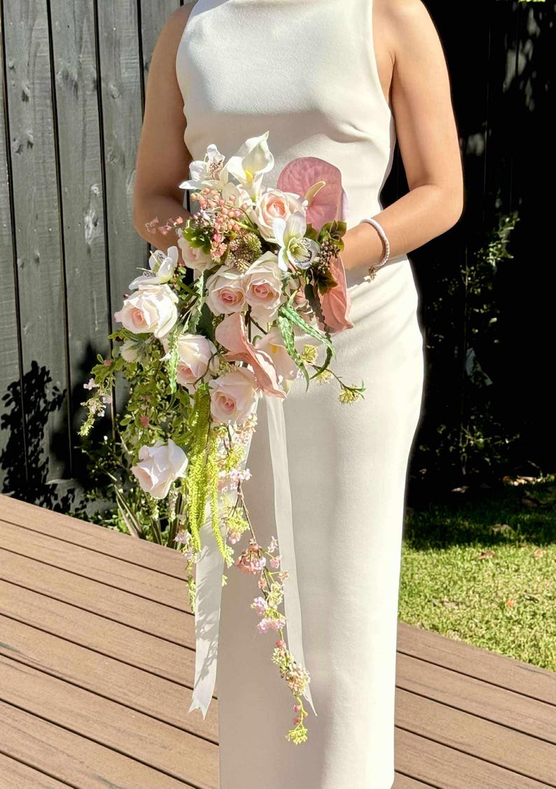 Feminine & Trendy Waterfall Trail Soft Pink and White Bridal Bouquet ...