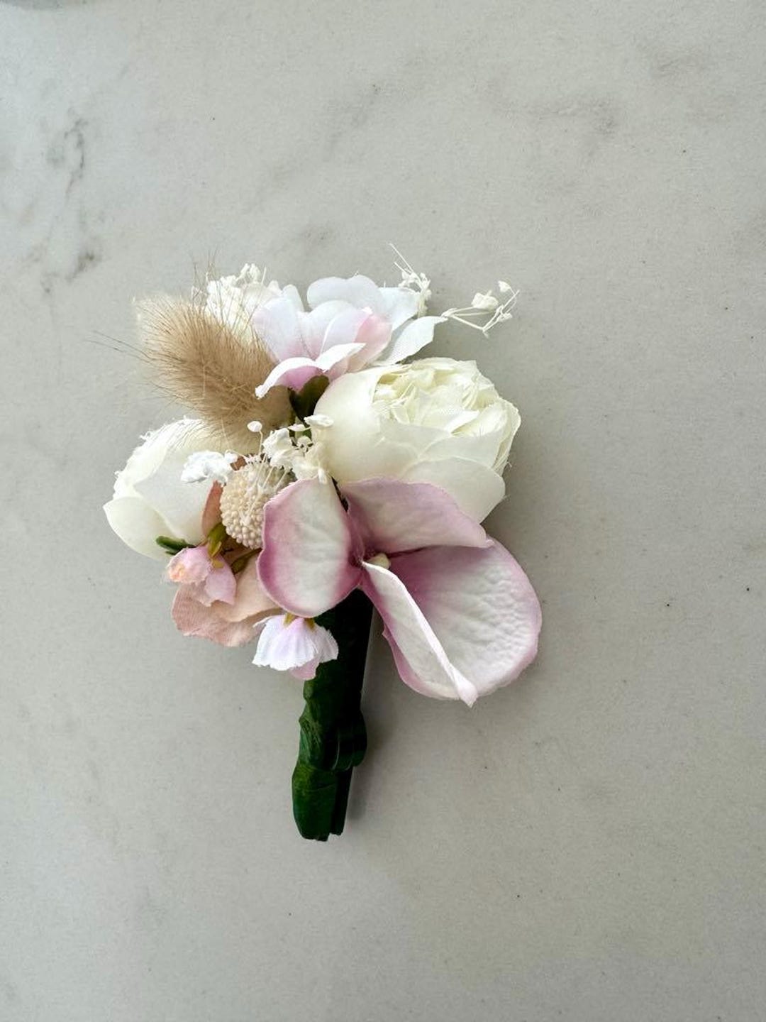 Peony Hydrangea Boutonniere W. Bunny Tail, Dried Accents, White Peony ...