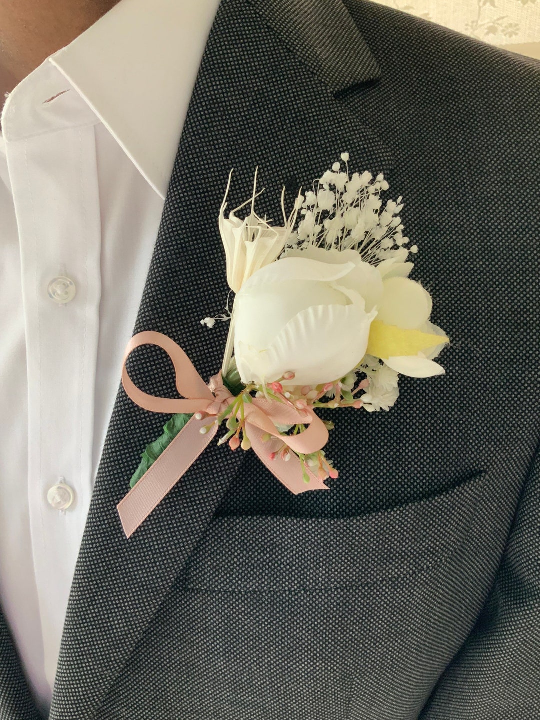 Handmade Pure White Peony Boutonniere Buttonhole W/ Satin Pink Ribbon ...
