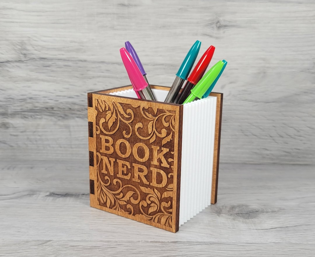 Book Nerd Pen/pencil/bookmark Holder - Engraved Wood, Golden Oak ...