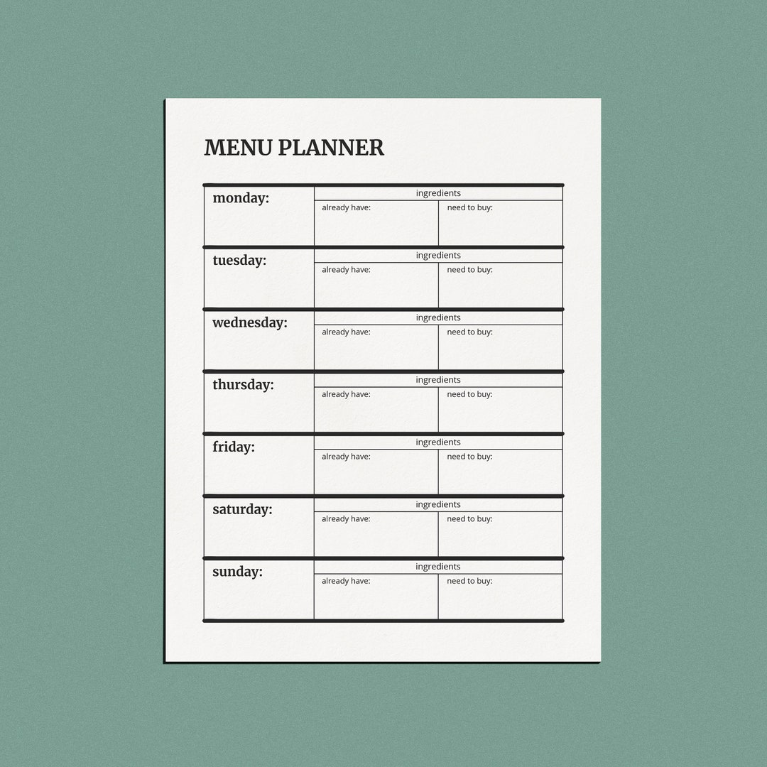 Printable Minimalist Menu Planner, Instant Download, PDF File, Standard ...