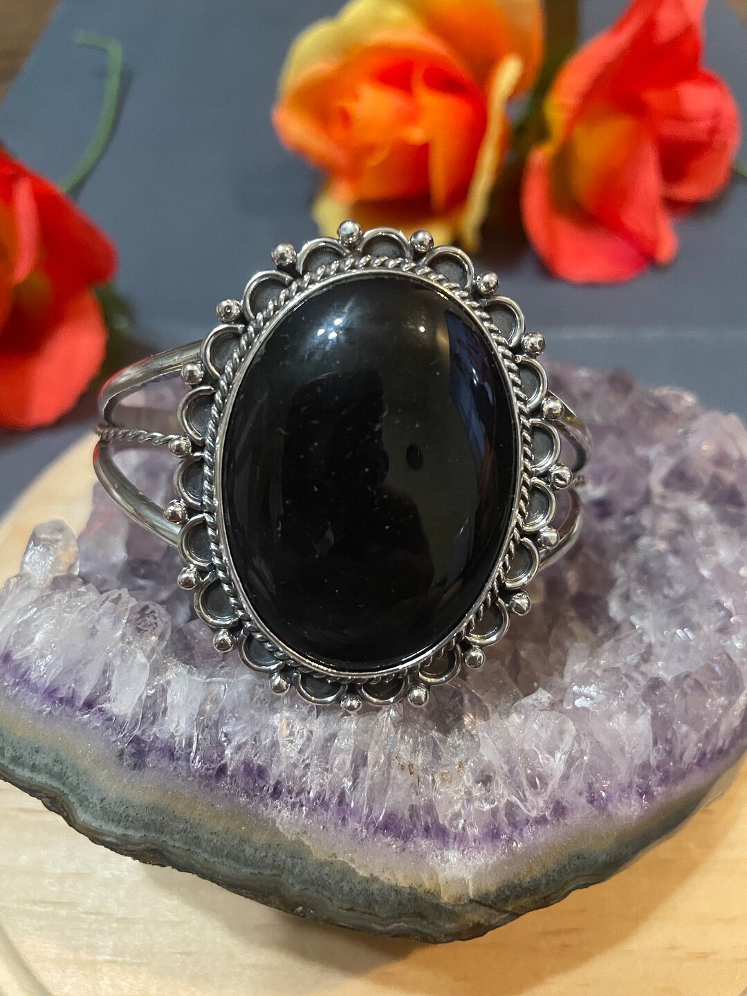 Large Black Onyx Cuff Bracelet/sterling Silver Cuff/black Stone Cuff ...